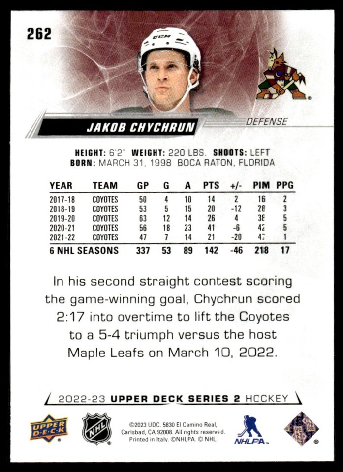 2022-23 Upper Deck #262 Jakob Chychrun Arizona Coyotes | eBay