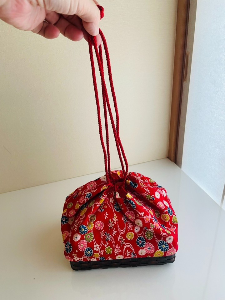 Japanese Kimono Yukata Bamboo Basket Drawstring Pouch Red Frolal ...