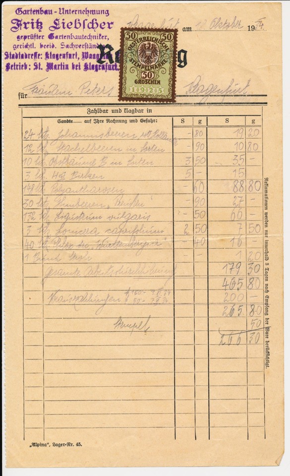 ÖSTERREICH 1934 RECHNUNG mit 50Gr Stempelmarke aus KLAGENFURT (K) Schön ...