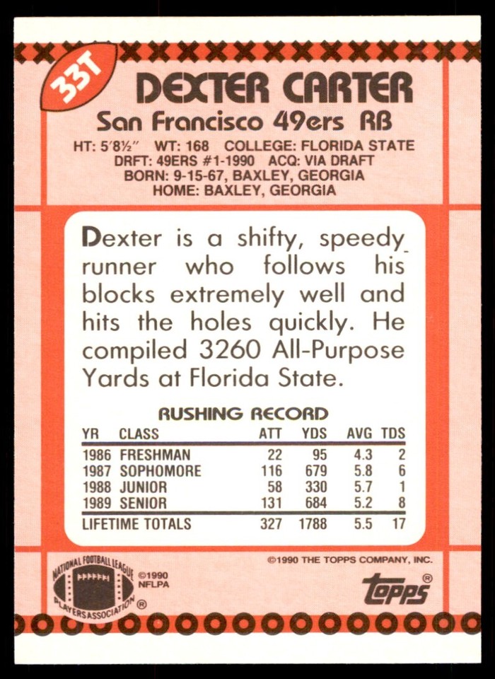 1990 TOPPS TRADED DEXTER CARTER . SAN FRANCISCO 49ERS #33T | eBay