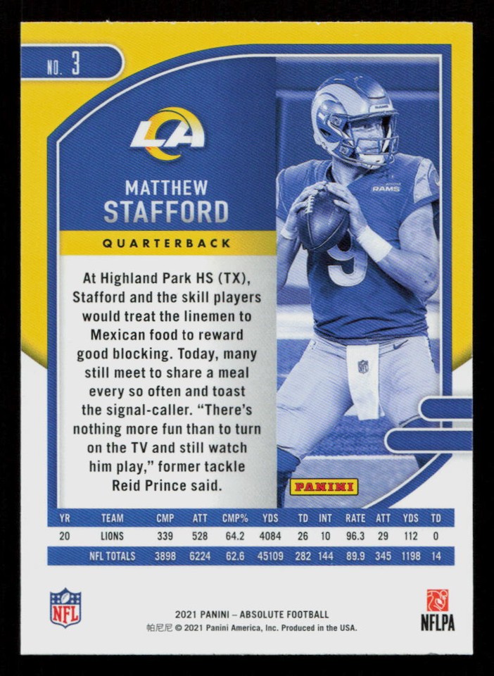 2021 Panini Absolute #3 Matthew Stafford Retail Los Angeles Rams ...