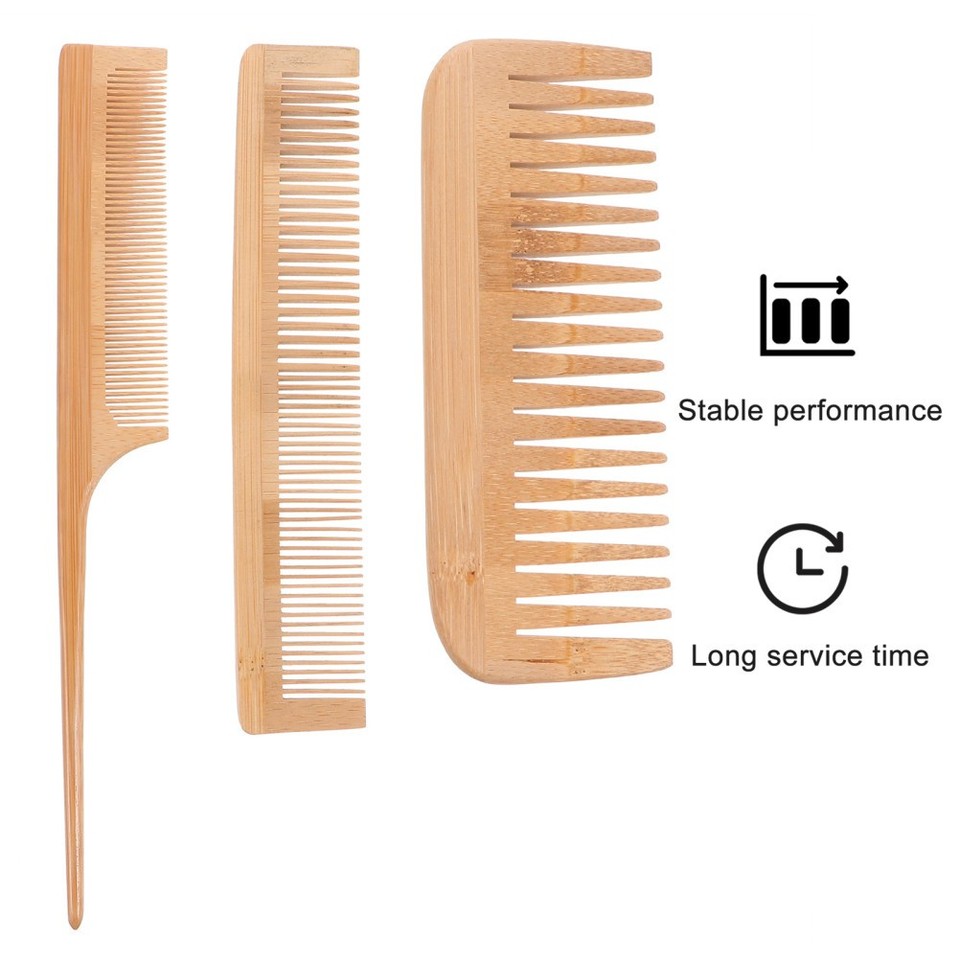 3 Pcs Bamboo Hair Brush Set Fine Wide Tooth Rat Tail Hairdressing Combs ...
