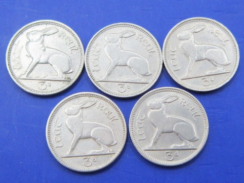 5 IRISH THREEPENCE 3d HARE COINS MIXED DATES 1928-68 / SNIFF'S ANCIENT ...