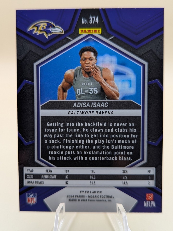 2024 Mosaic Football Adisa Isaac card Green Mosaic Prizm #374 Ravens RC ...