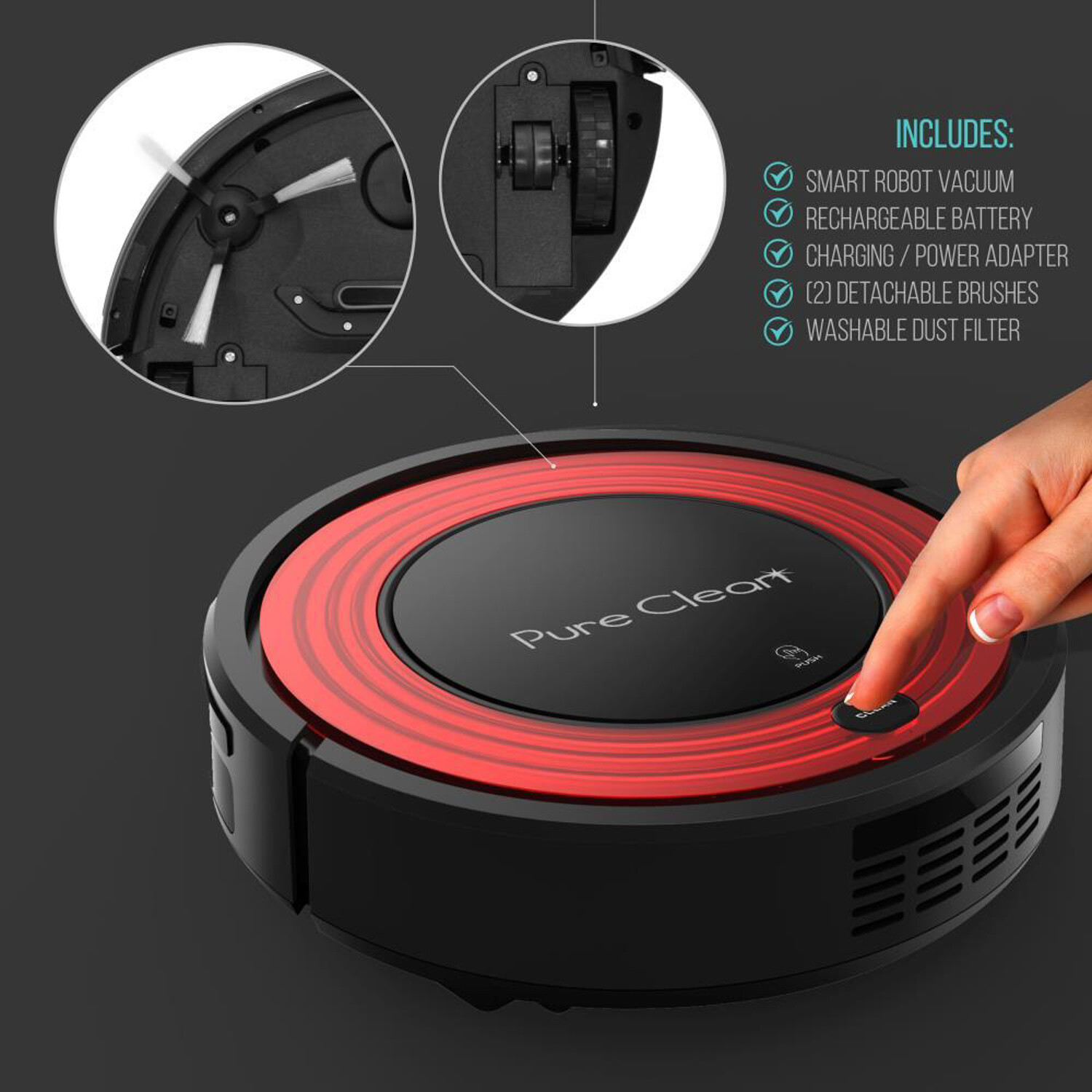 PureClean Automatic Programmable Robot Vacuum Home Cleaning System, Red ...