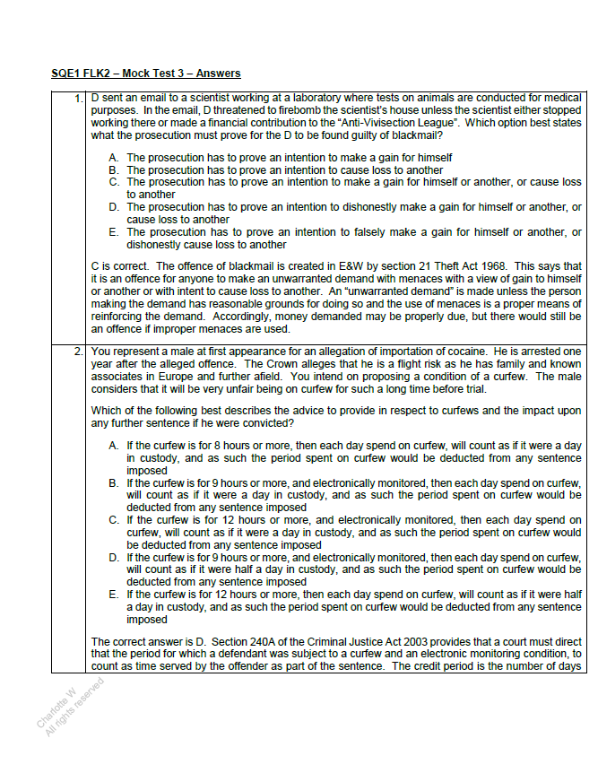 Kaplan Solicitors Qualifying Exam (SQE) SQE1 Mocks - 6 sets of Q&A (Aug ...