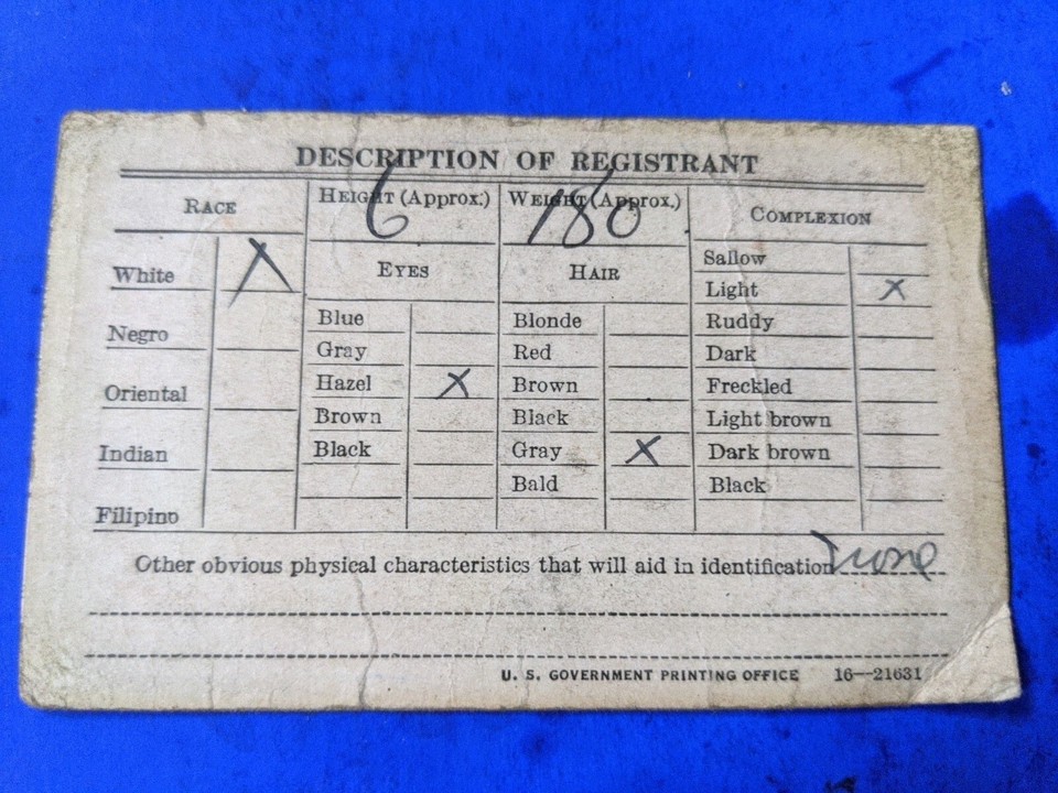 Old Vintage 1942 WWII Registration Certificate Selective Service Draft ...