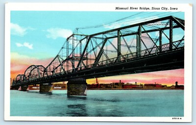 POSTCARD Missouri River Bridge Sioux City Iowa Factories on Shore Edge ...