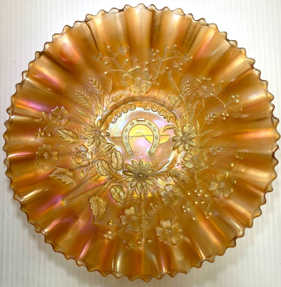 Northwood Carnival Glass Dark Marigold -GOOD LUCK- Bowl/ see *descrip ...