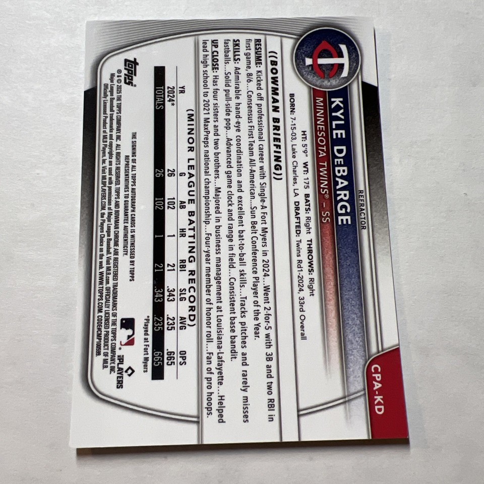 KYLE DEBARGE 2025 BOWMAN CHROME 1ST AUTOGRAPH REFRACTOR AUTO /499 Q1940 ...