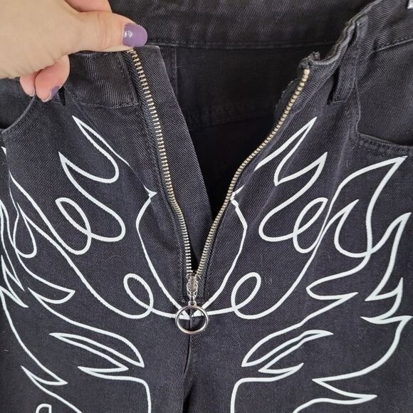 Shein Jeans Womens L Zip Fly Black/White Fire Print Stretch Grunge Moto ...