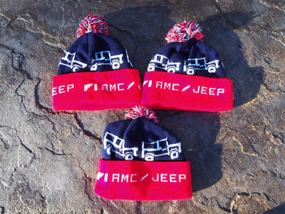 (3 ) Vintage 1970's Jeep AMC Hats Acrylic Winter Beanie Pom Pom Knit ...