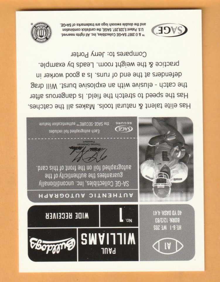 Paul Williams Fresno State Bulldogs AUTO 2007 SAGE HIT Autographs #1 | eBay