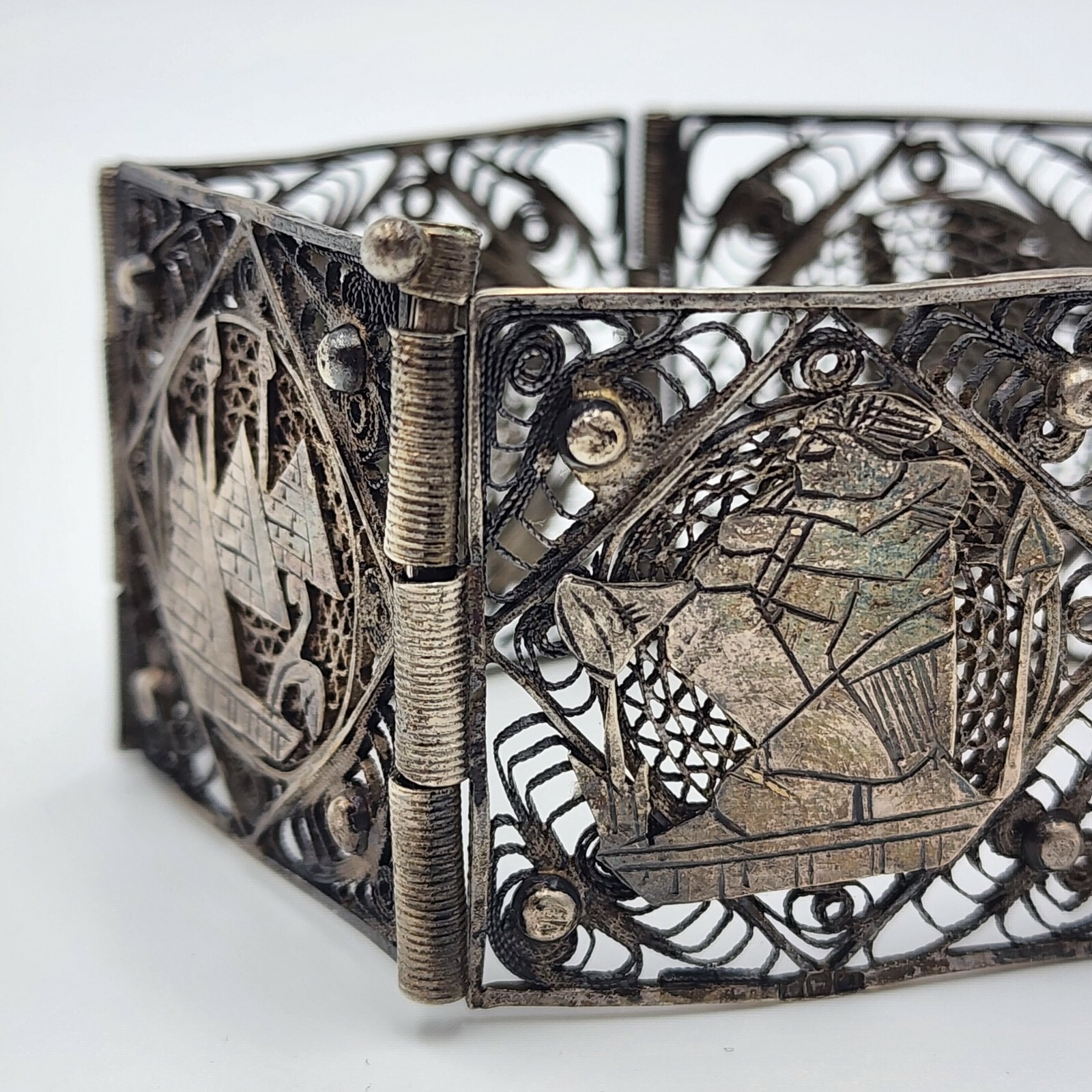 1938-39 Egypt 800 Silver Filigree Panel Link Figural … - Gem