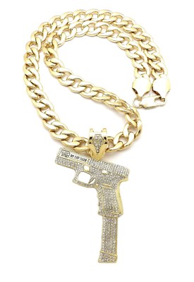 Hip Hop Pave Glizzy Gang Gun Pendant 11mm 20" Cuban Chain Necklace ...