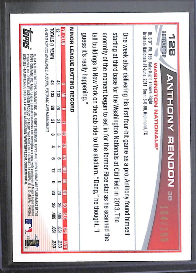 2013 Topps Chrome Blue Refractor Autograph #128 Anthony Rendon No 104 ...