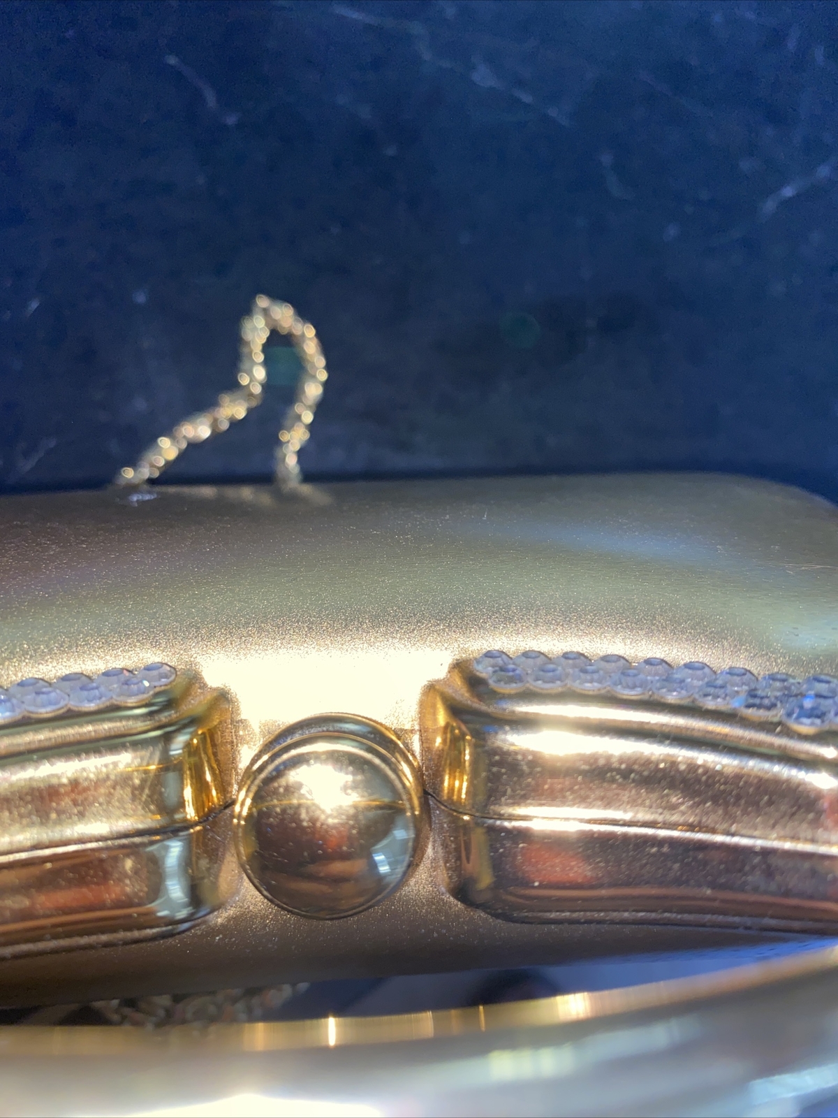 Vintage Gold Metal Clutch w/ Strap RHINESTONE DETAIL VELVET LINING WELL ...