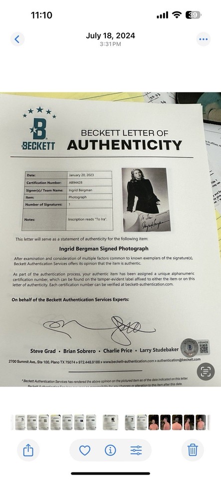 Beckett signed photo 8x10 Ingrid Bergman Autograph Coa Certified Press ...
