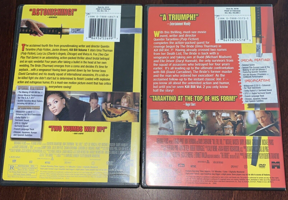 KILL BILL 1 & 2 Quentin Tarantino Martial Arts dvd Set DAVID CARRADINE ...