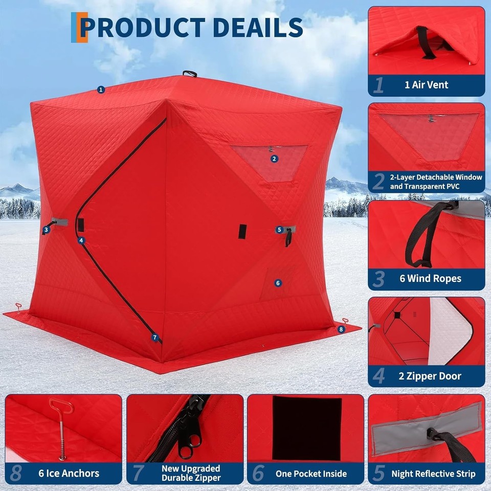 2-3/3-4 Person Ourdoor Insulated Ice Shelter Pop-Up Ice Fishing Shanty ...