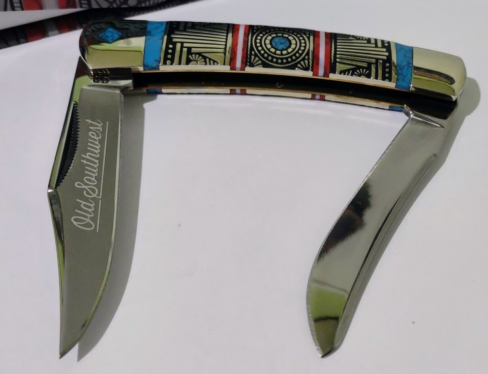 OLD S. WESTERN NICKEL SILVER HUNTING POCKET KNIFE TURQUOISE W/ DISPLAY ...