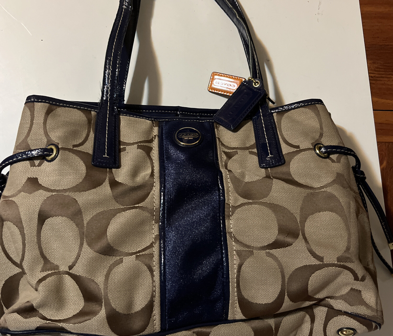 COACH Signature Stripe Carryall Brass Khaki/Mahogany,… - Gem