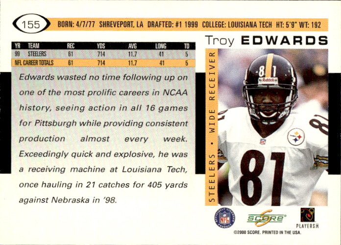 2000 Score Troy Edwards 155 Pittsburgh Steelers | eBay