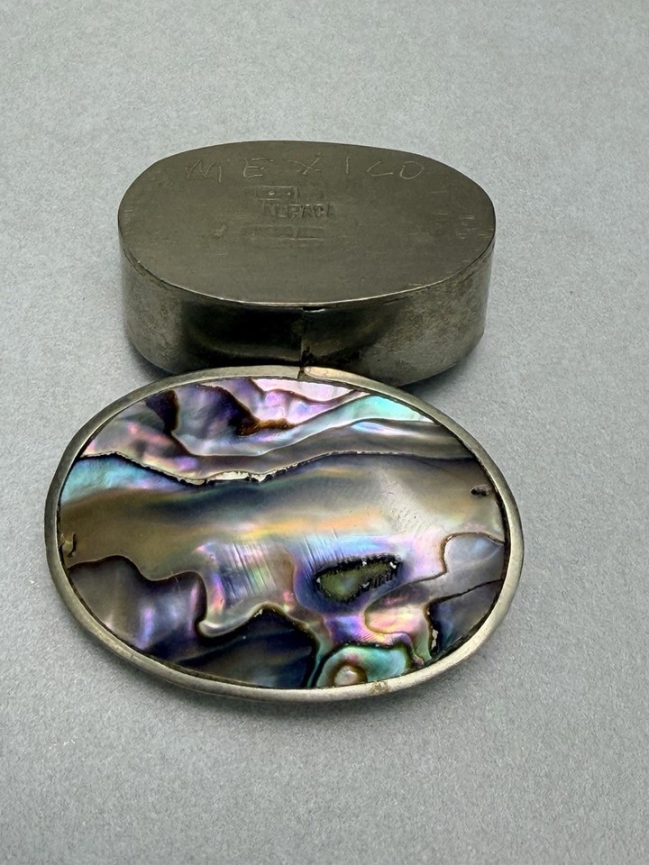 Vintage Alpaca Mexico Silver Tone Abalone Shell Hinged Trinket Pill Box ...