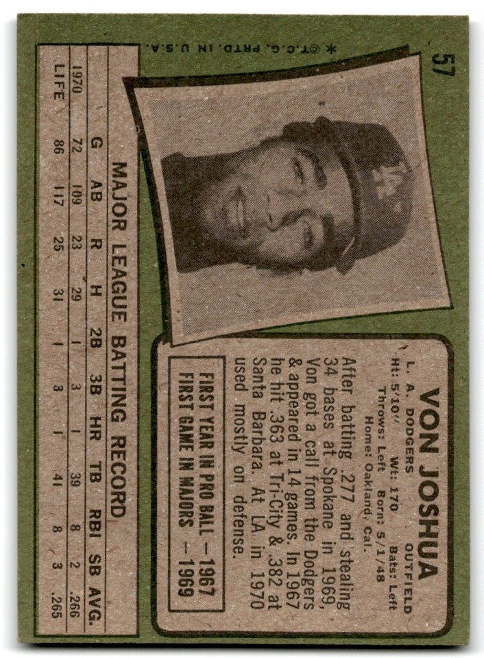 1971 Topps Von Joshua Rookie Los Angeles Dodgers #57 | eBay