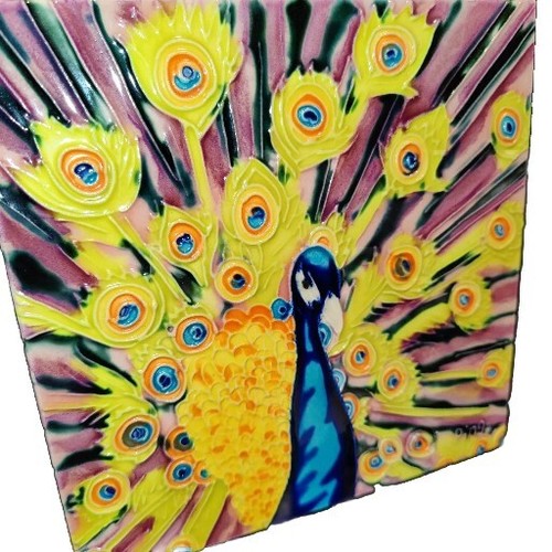 Ping Peacock Ceramic Art Tile Bird Back Easel Embossed Hanger Aqua ...