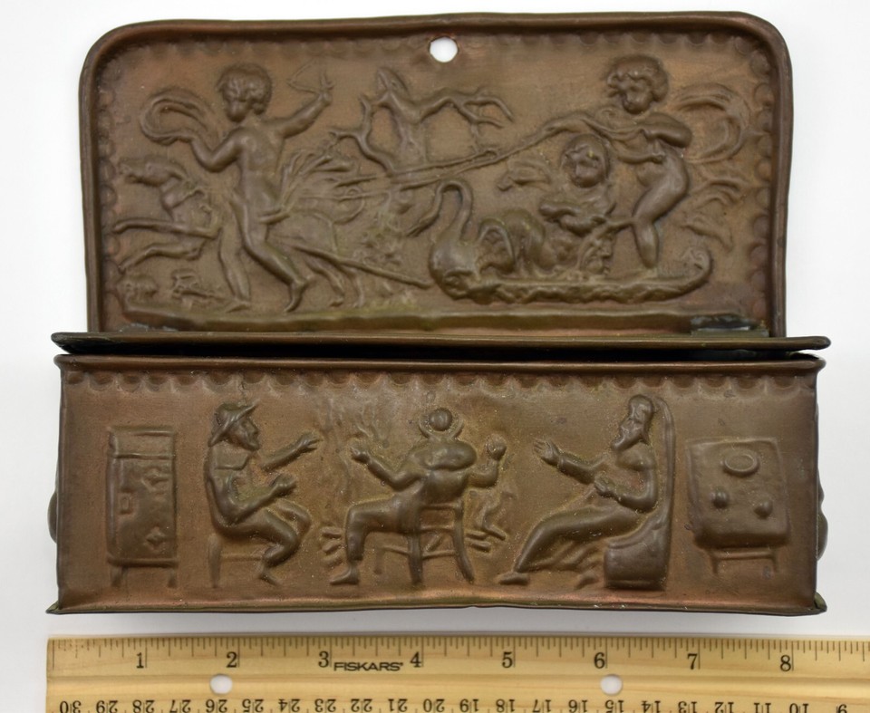 Antique Copper Wall Mount Match Safe Holder Box w/ Stamped images Dog ...