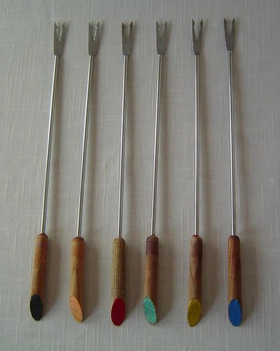 Vtg Set of 6 Stainless Steel Fondue Forks Wood Handles with Color Coded ...