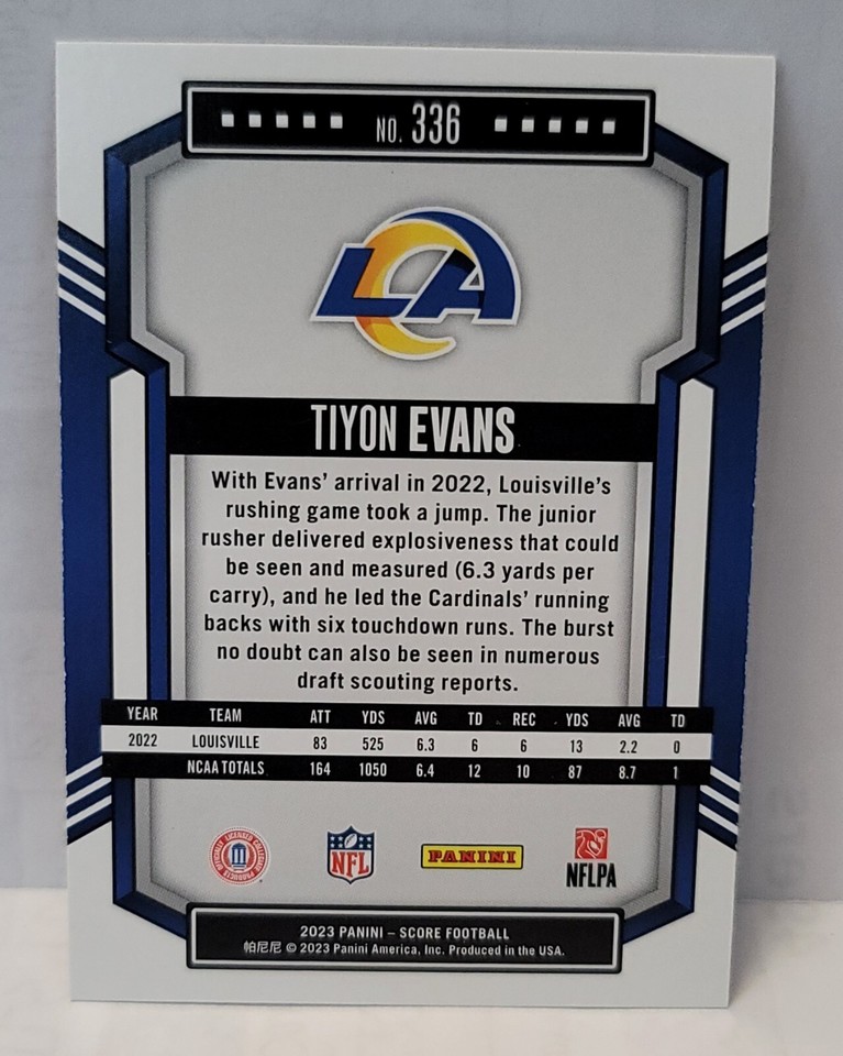 2023 Panini Score Football #336 Tiyon Evans RC Gold Parallel Rams ...