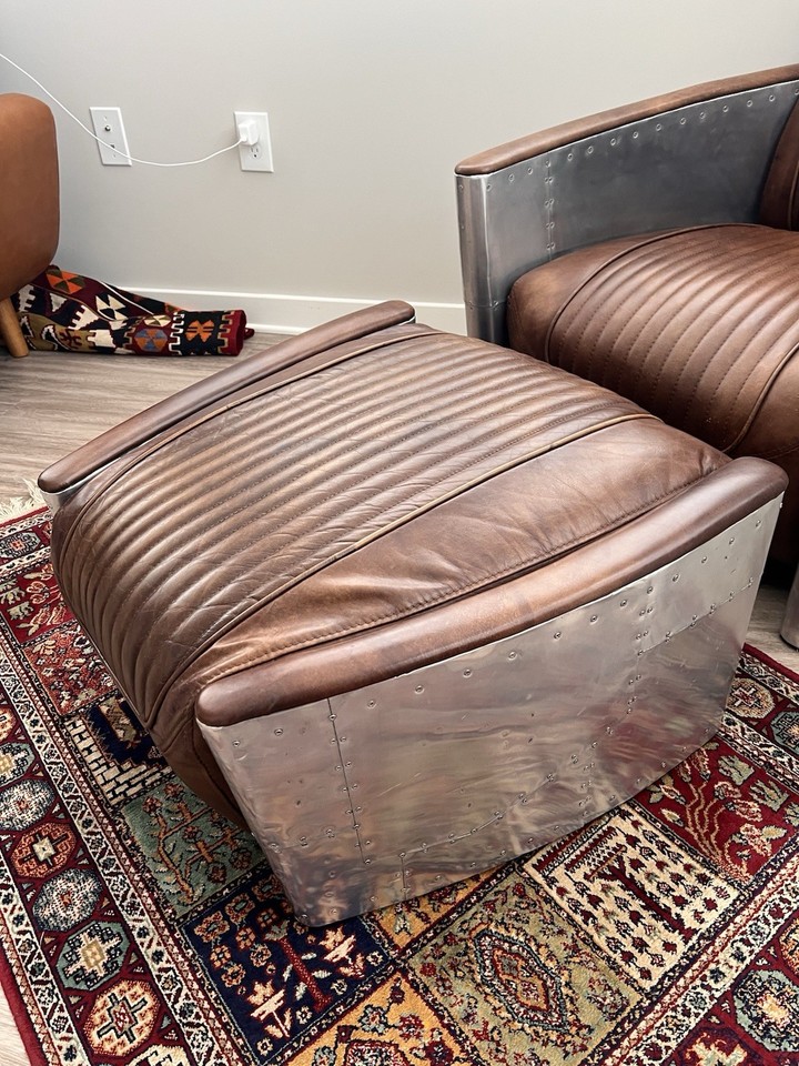 Restoration Hardware RH Aviator Leather Chair & Ottoman Brown Aluminum ...