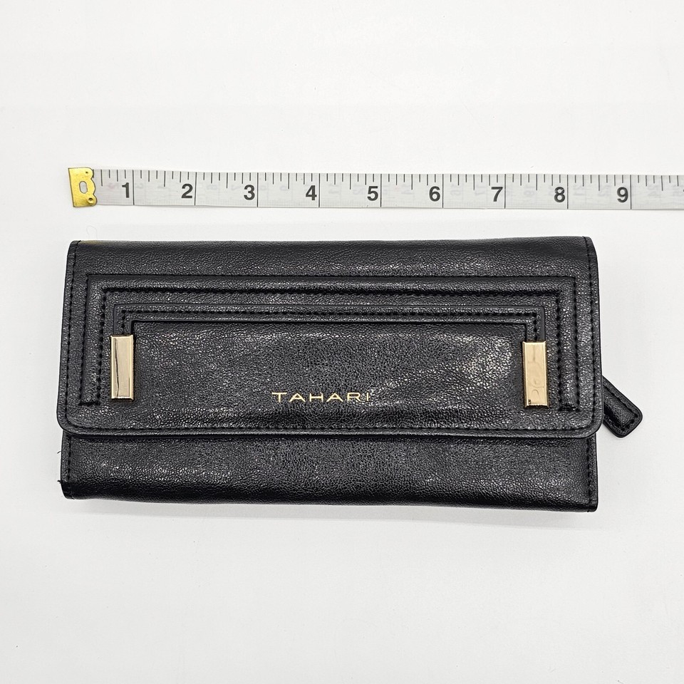 Tahari Tri Fold Wallet Black Faux Leather Credit Card Slots Vintage ...