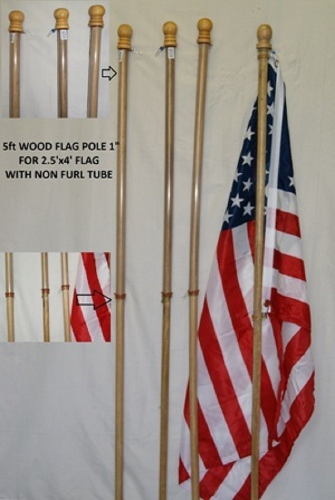 5 Foot Wooden Non Furl Tube Flag Pole Kit w/ 2.5'x4' USA American Flag ...