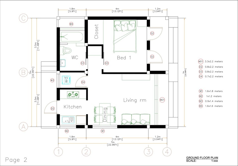 23x23 Feet Small House Plans 7x7 Meter 1 Bed 1 Bath PDF plan (A4 Hard ...