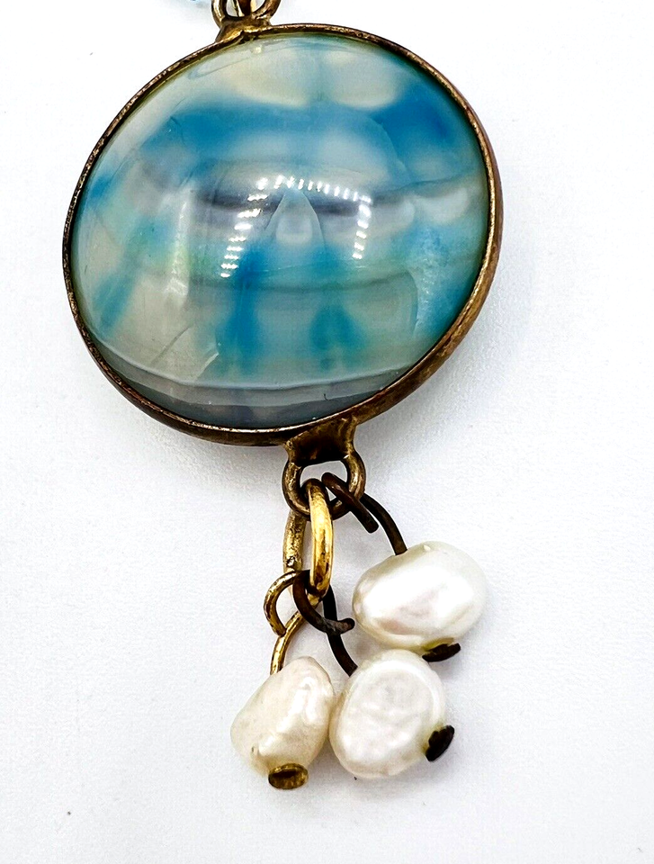 Vintage Blue Purple Swirl Stone Dangle Pearl Pendant Necklace Blue Ball ...