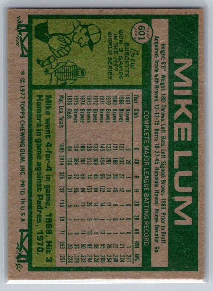 1977 Topps #601 Mike Lum REDS | eBay