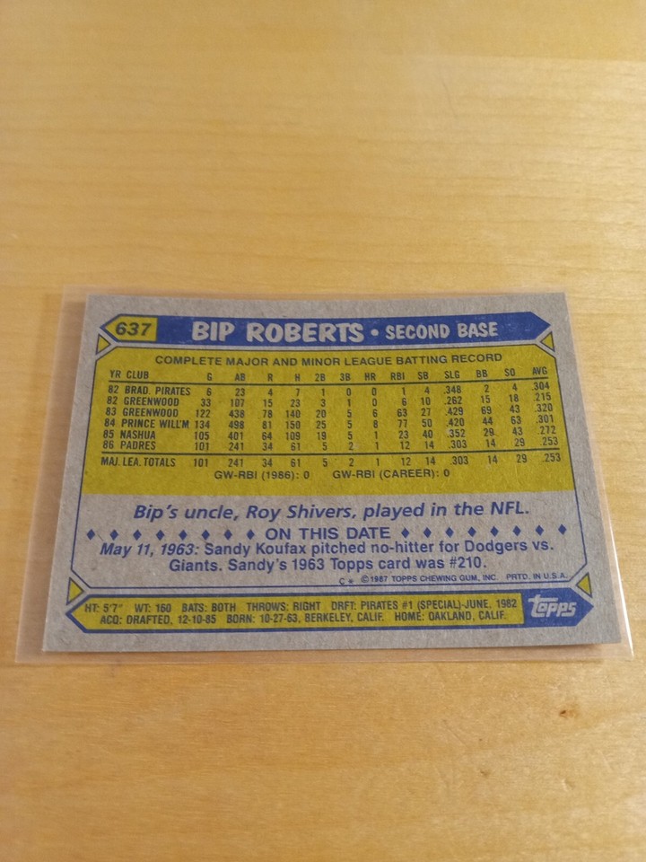 1987 Topps #637 BIP ROBERTS San Diego Padres ROOKIE Baseball Card, 2nd ...