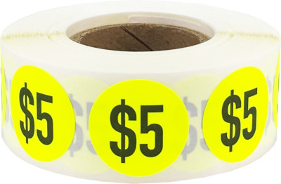 $5 Price Stickers Fluorescent Yellow .75 Inch Round Circle Dots 500 ...