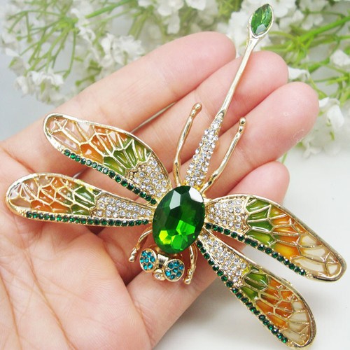 Vintage Green Crystal Rhinestone Dragonfly Insect Pendant Brooch Pin ...