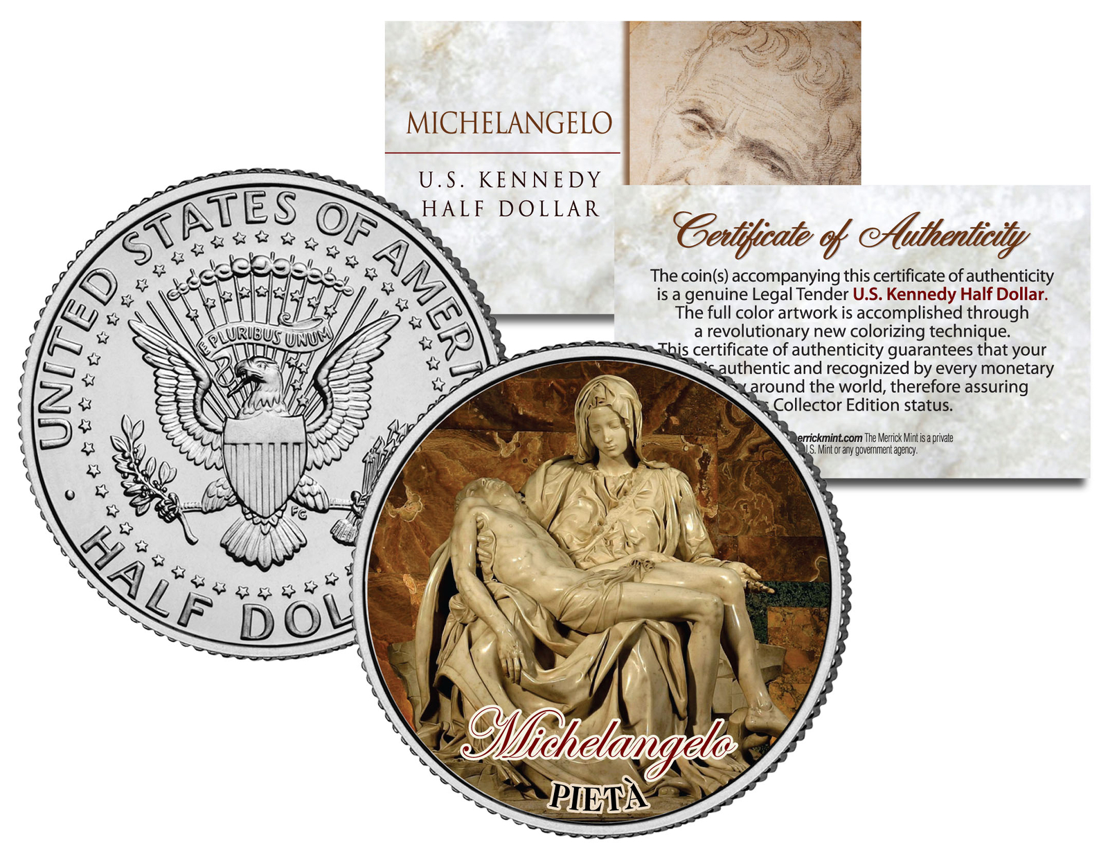 MICHELANGELO * PIETA * Statue Jesus Sculpture Colorized JFK Half Dollar ...