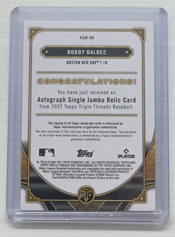 2022 Topps Triple Threads Bobby Dalbec Emerald Jersey Auto Autograph ...