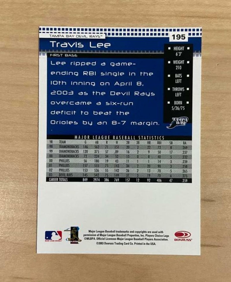 TRAVIS LEE TAMPA BAY RAYS SIGNED AUTOGRAPHED 2004 DONRUSS CARD #195 W ...