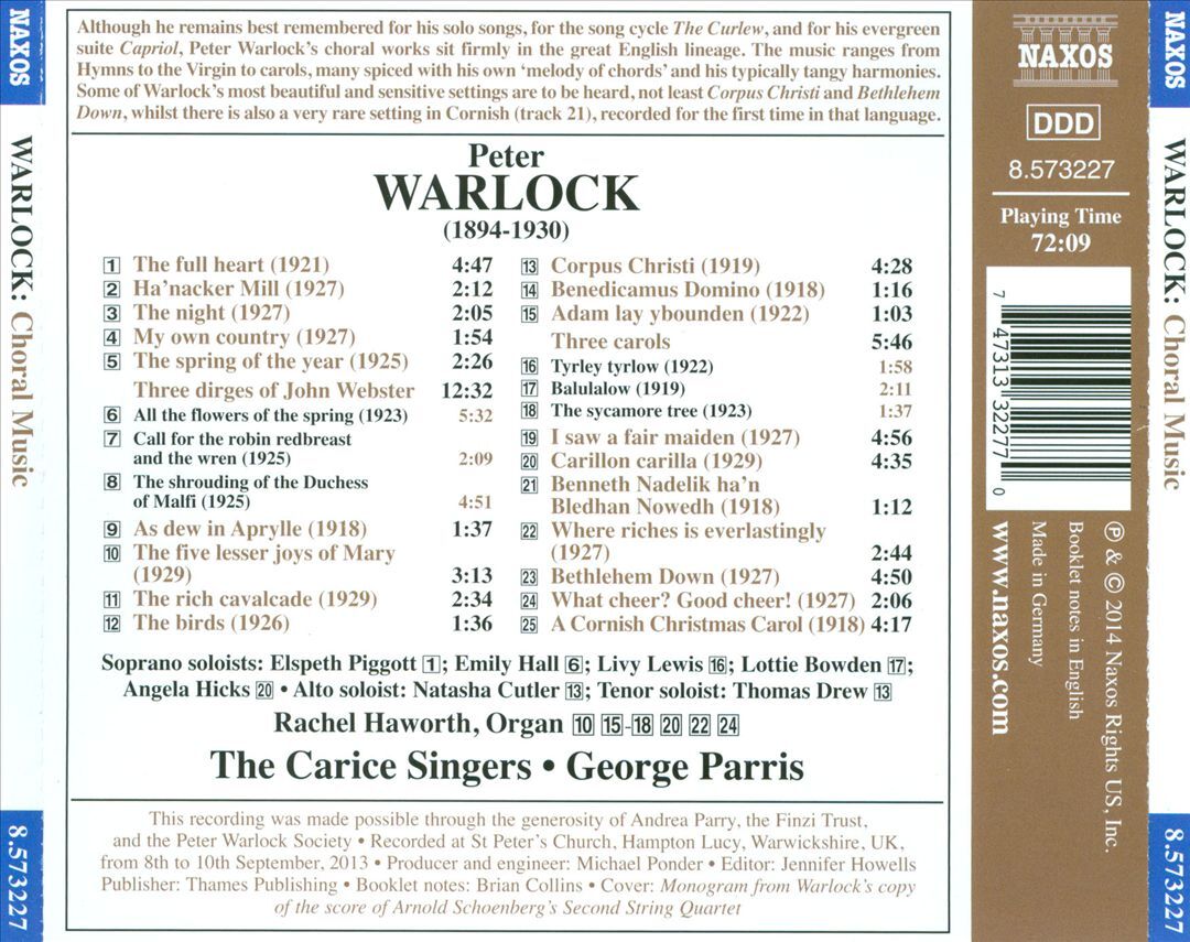 CARICE SINGERS/GEORGE PARRIS PETER WARLOCK: CHORAL MUSIC NEW CD ...