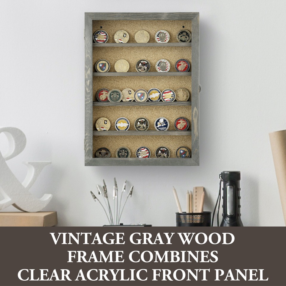 Wall Mounted Gray Wood Coin Display Case w/ Clear Panel, Hanging Shadow Box | eBay