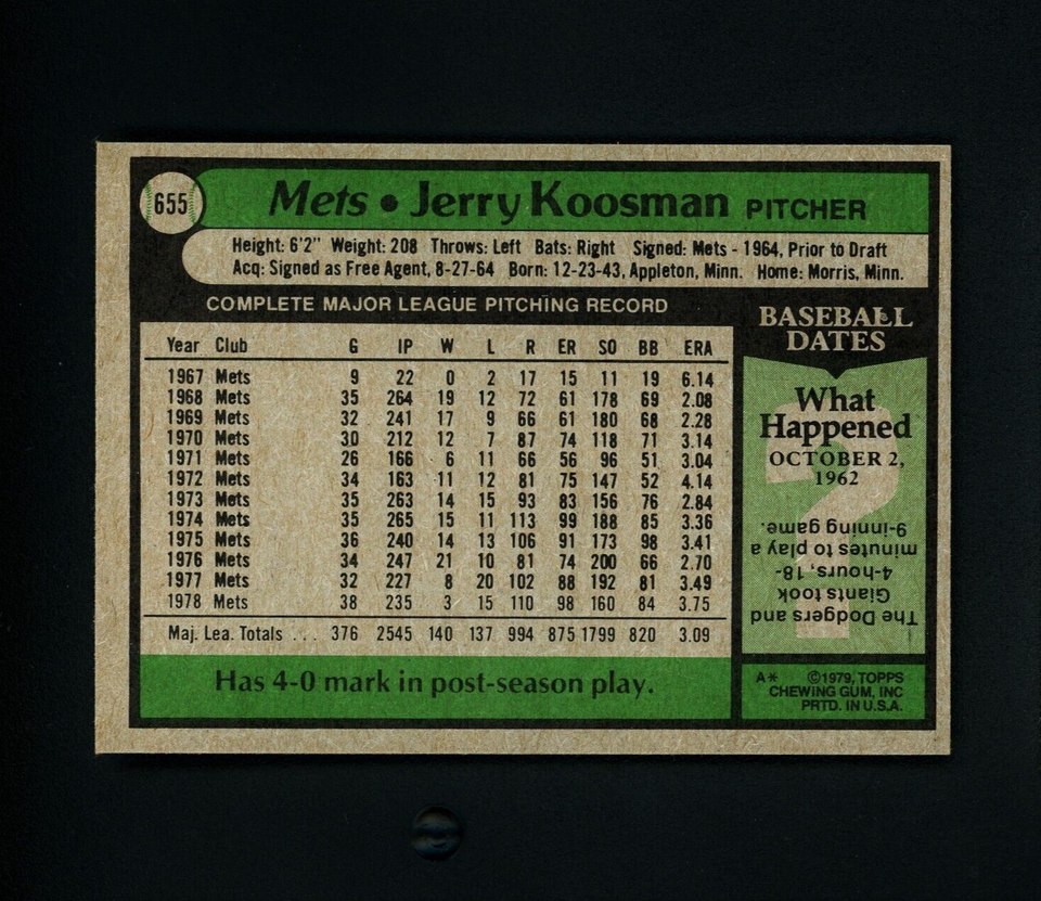 Jerry Koosman 1979 Topps - NY Mets #655 NM-MT | eBay