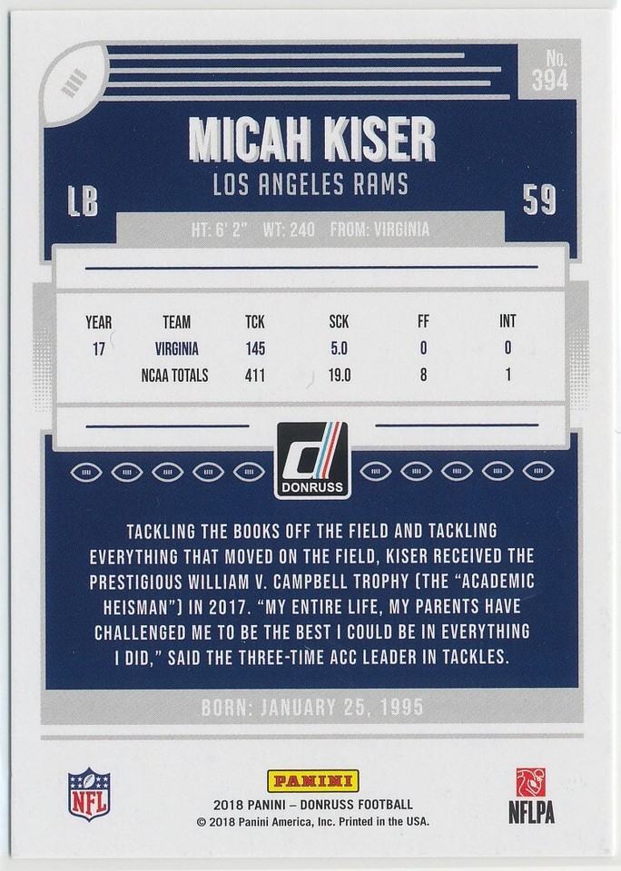 Micah Kiser 2018 Panini Donruss Football #394 Los Angeles Rams ROOKIE ...