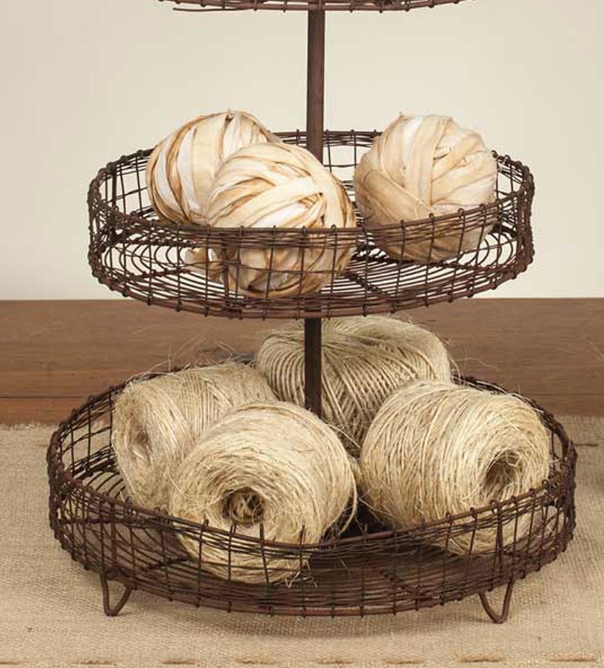 Three Tier Wire Basket Stand Display Wooden Handle Rustic Country Home ...